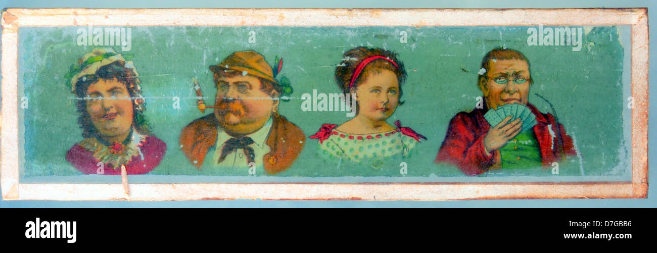 This magic lantern slide features four portraits, likely depicting ...