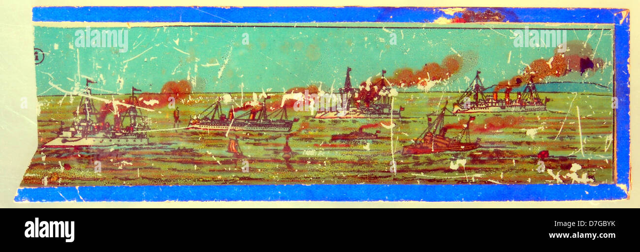 The magic lantern image depicts a scene with warships, offering a ...