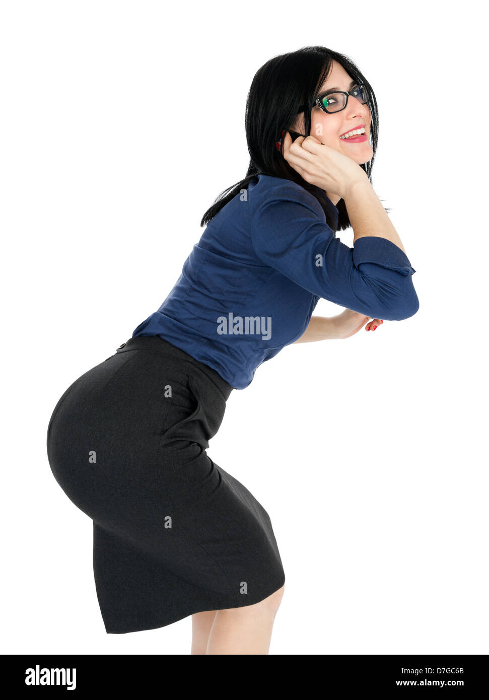 An Adult Early 30s Black Haired Caucasian Woman Wearing Blue