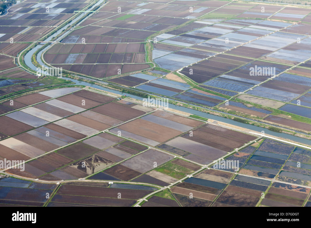 Rice fields from aircraft window. Japanese countryside land. Japan ...