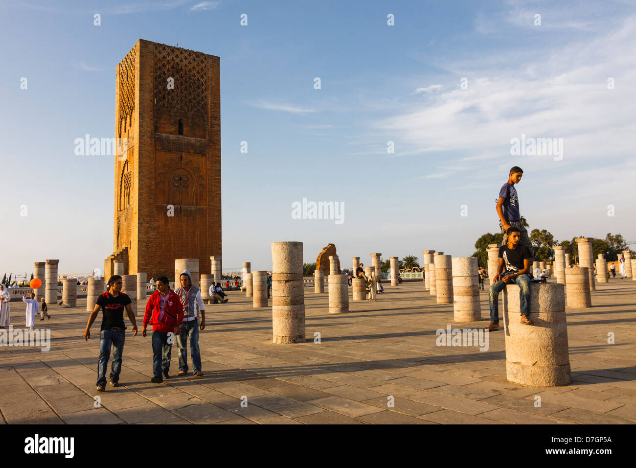 Visitors at Hassan Tower. Rabat, Morocco Stock Photo - Alamy