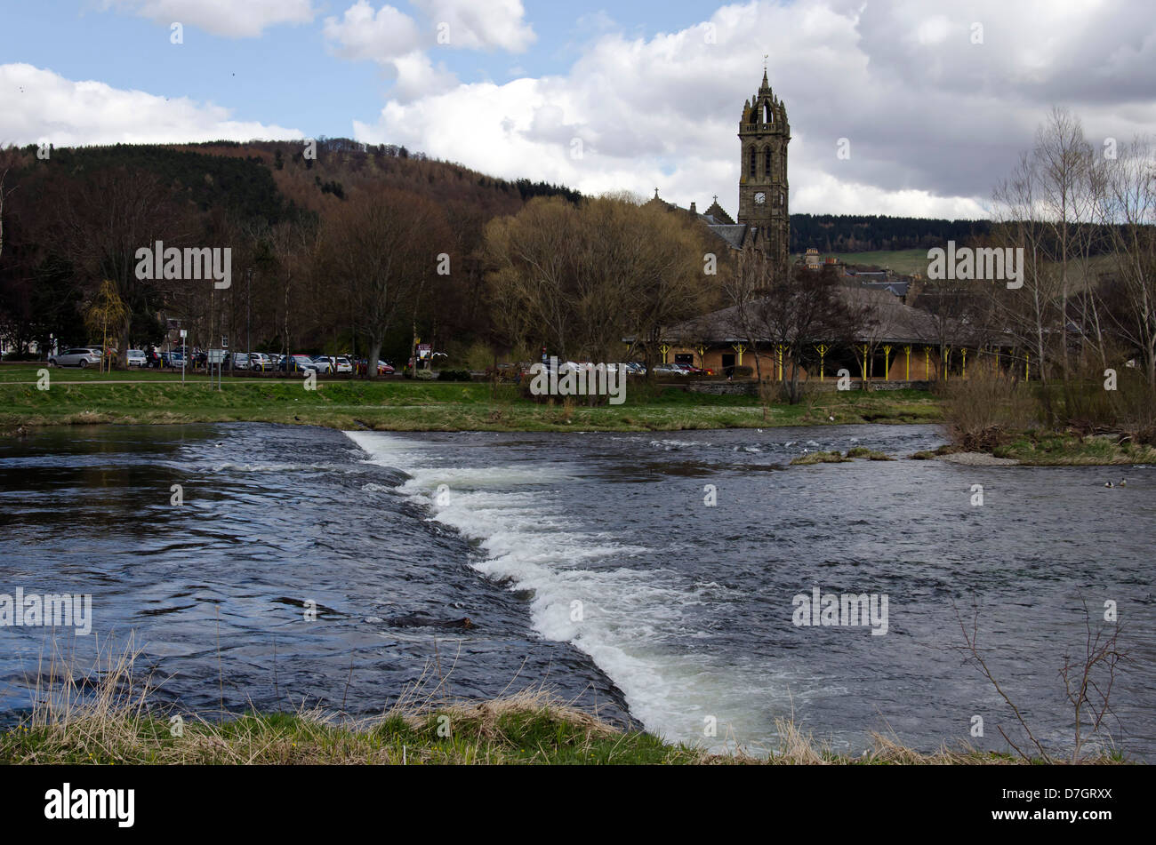 The cauld (weir) on River Tweed at Peebles in the Scottish Borders ...