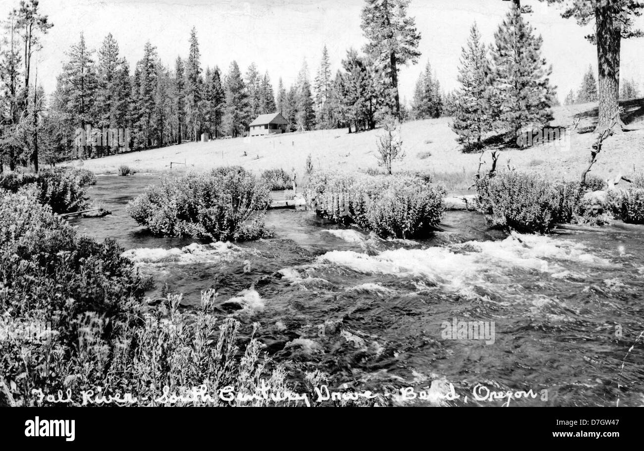 This historical photograph captures Fall River near Bend, Oregon ...