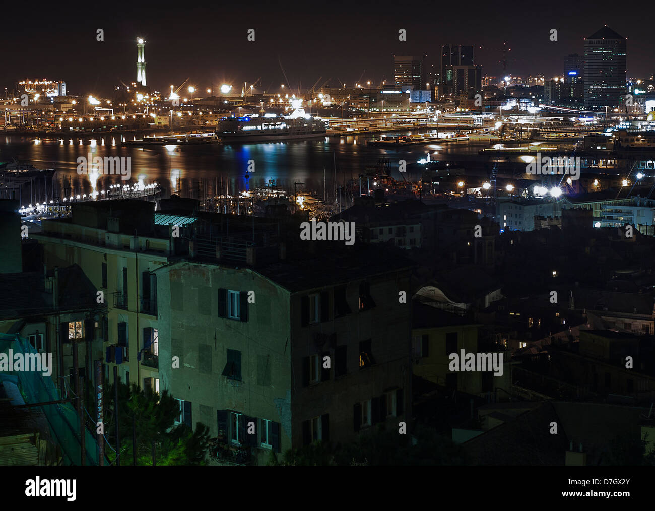 Skyline of Genova by night Stock Photo - Alamy