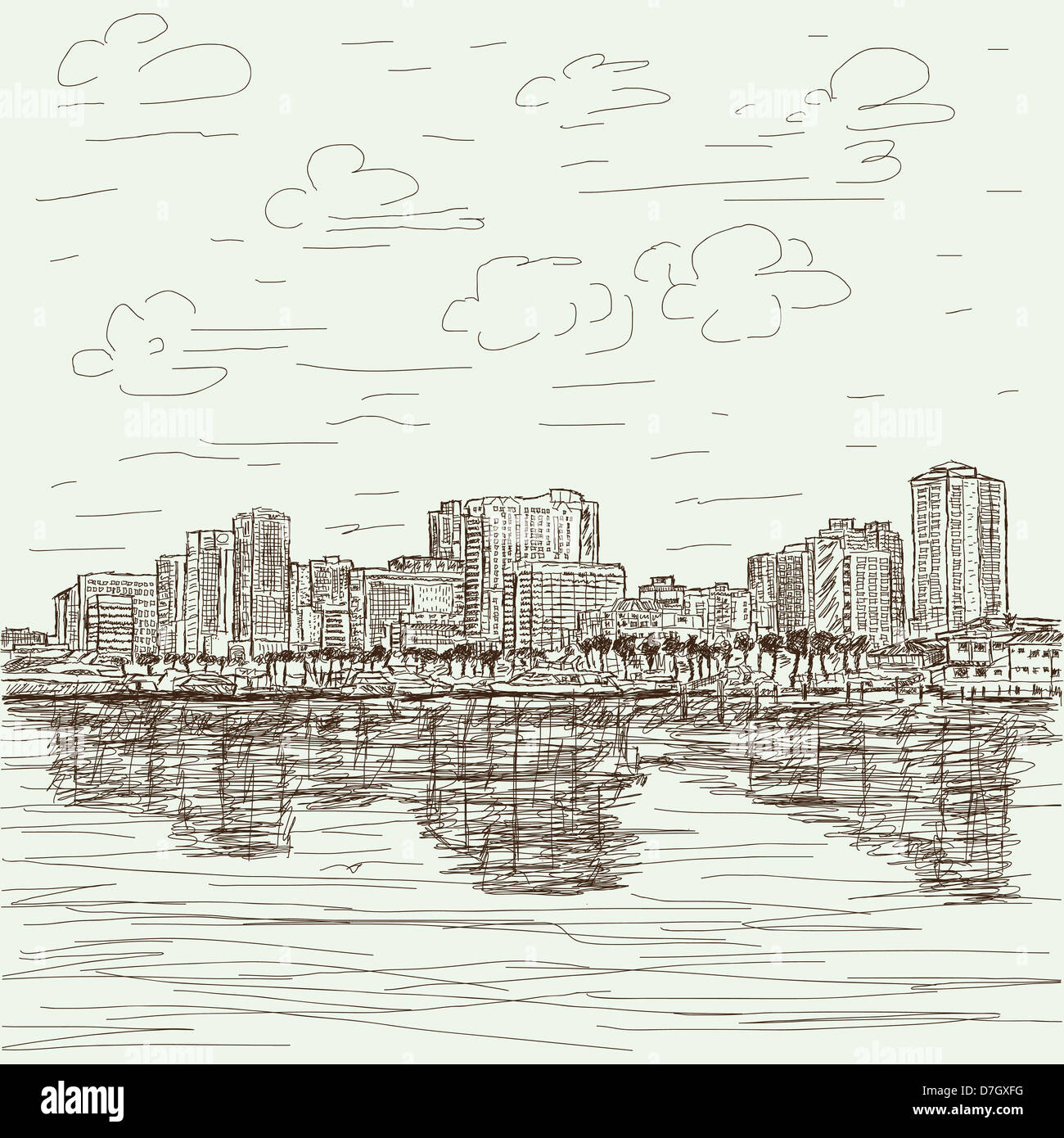 hand-drawn illustration of manila bay philippines cityscape Stock Photo ...