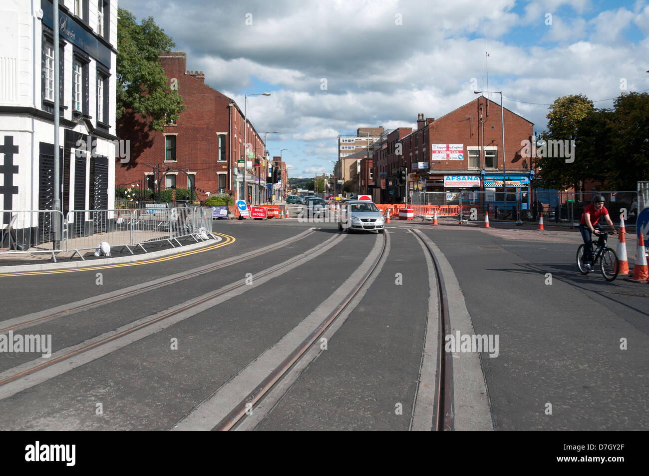 Newly completed tram tracks, Union Street, Oldham, Greater Manchester ...