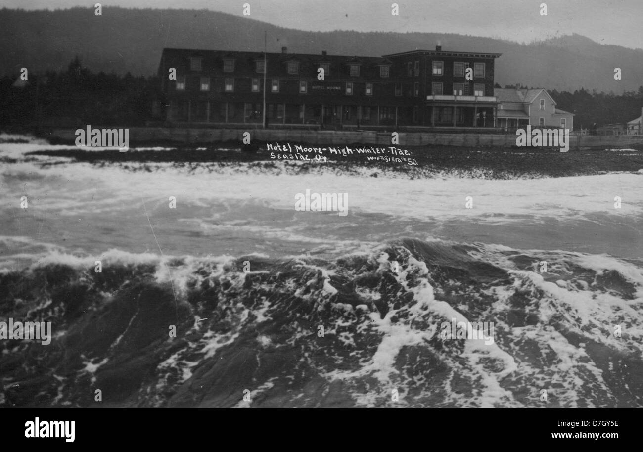 This photograph shows the Hotel Moore in Seaside, Oregon, during a high ...