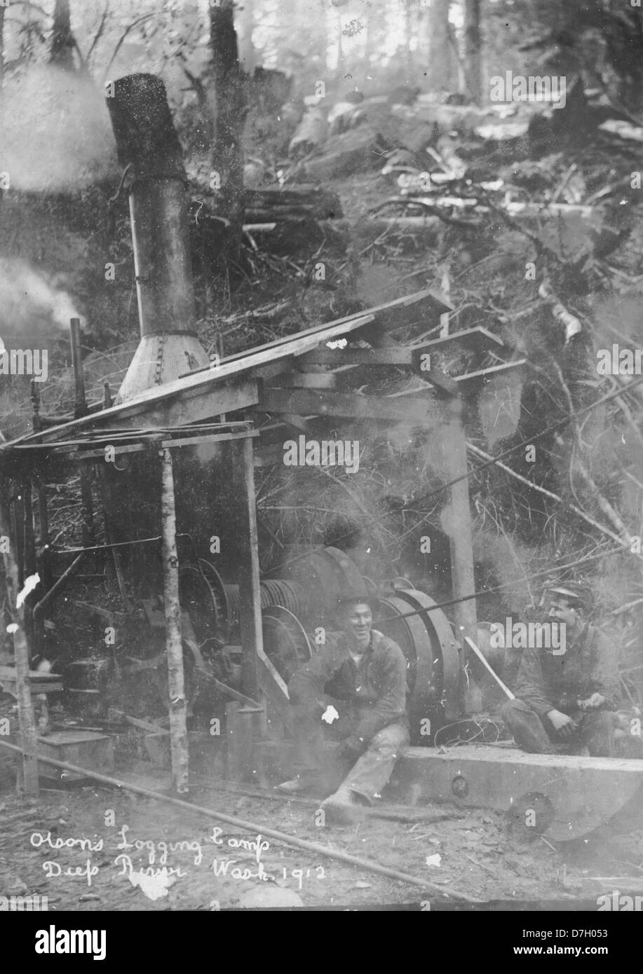 A donkey engine is pictured in action at Olson's logging camp near Deep ...