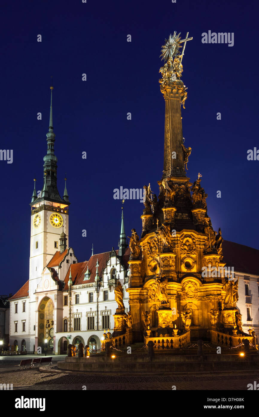Holy Trinity Column and Town Hall at night. Olomouc, Moravia, Czech ...