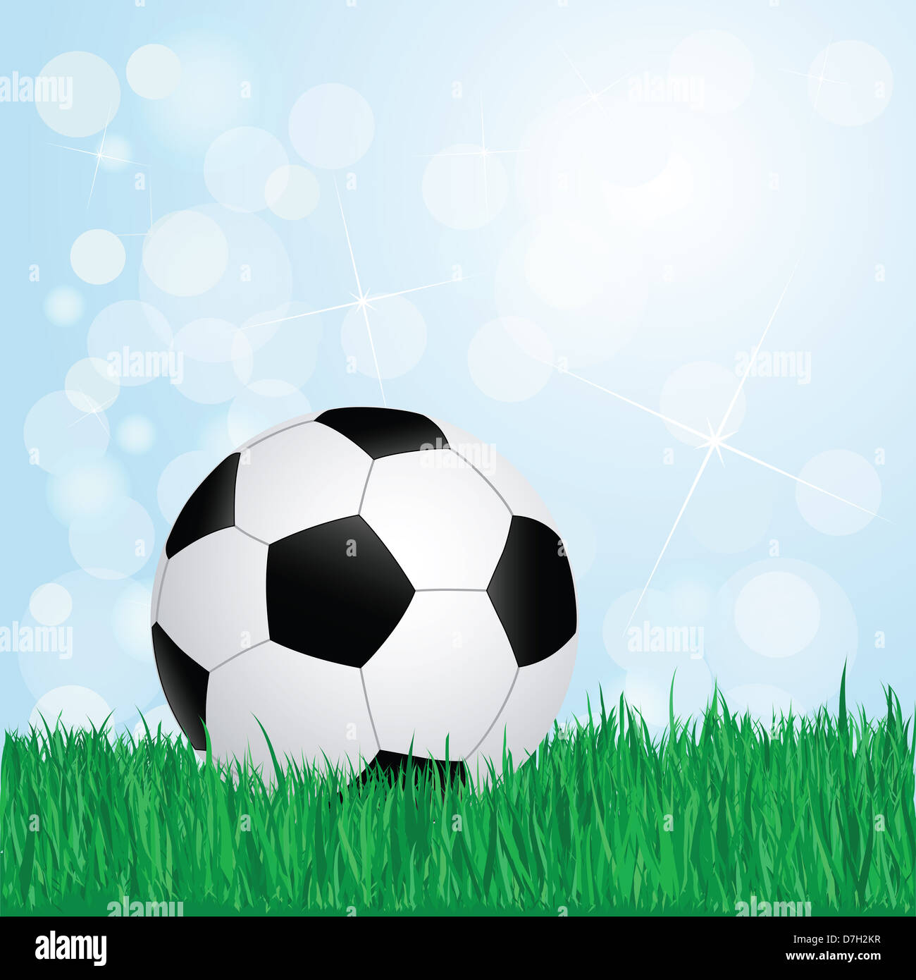 illustration of football, soccer ball on grass with sunshine and flare ...