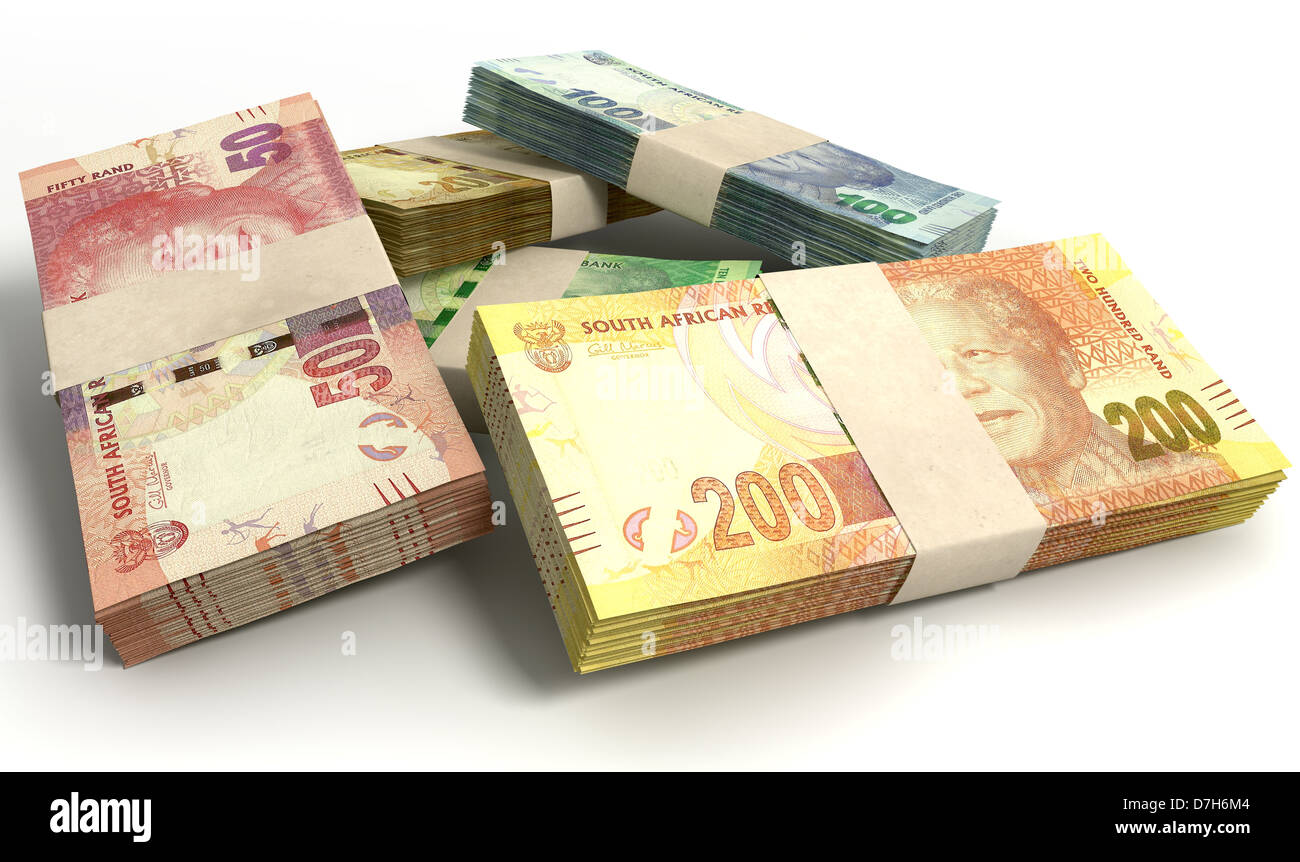 A scattered pile of bundled south african rand bank notes on an ...