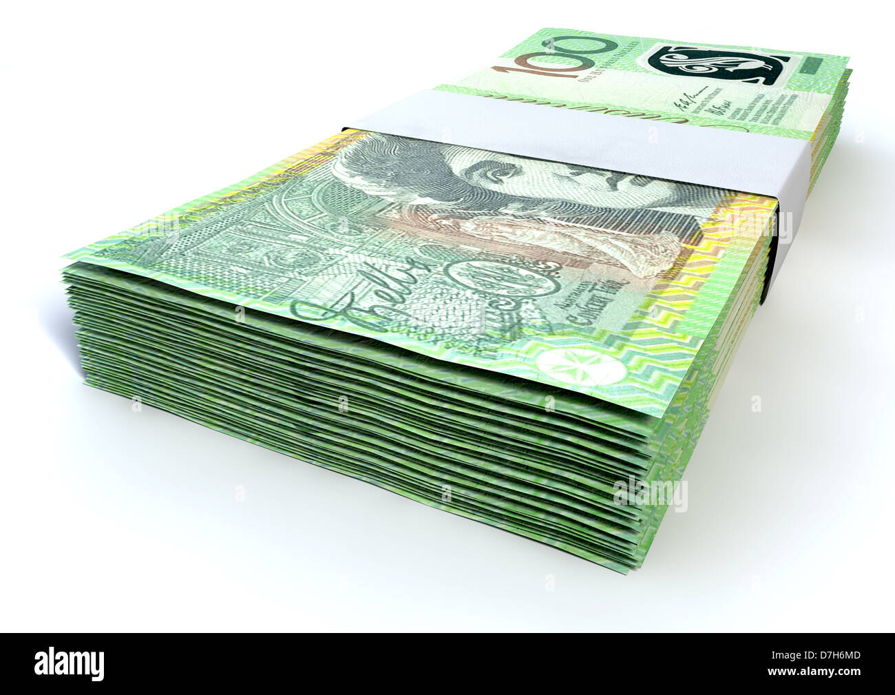 A stack of bundled one hundred australian dollar notes on an isolated ...