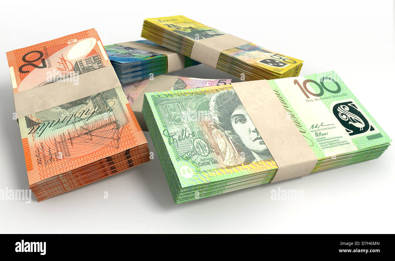 A stack of bundled australian dollar notes on an isolated background ...