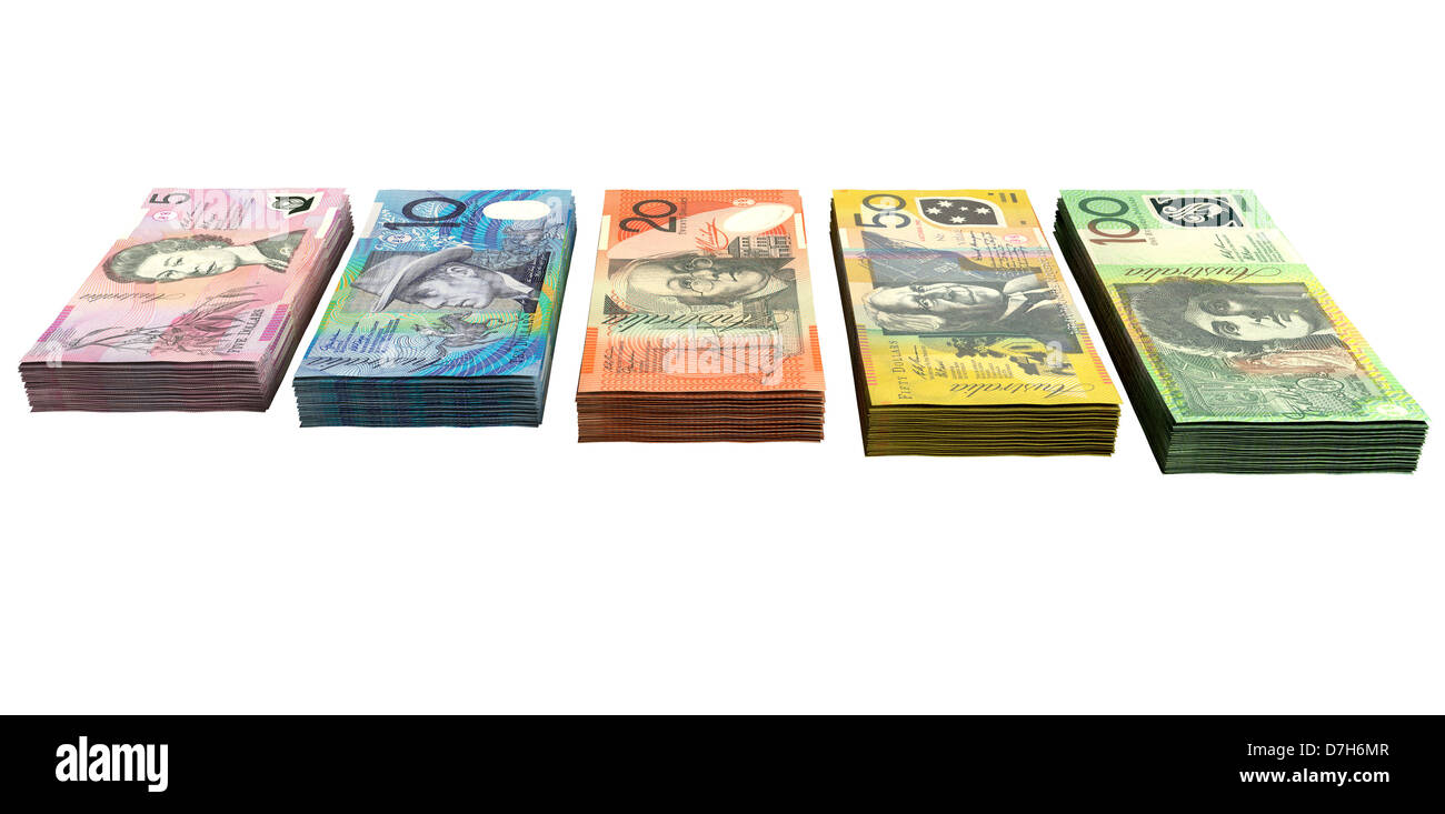 A uniform stack of bundled australian dollar notes on an isolated ...