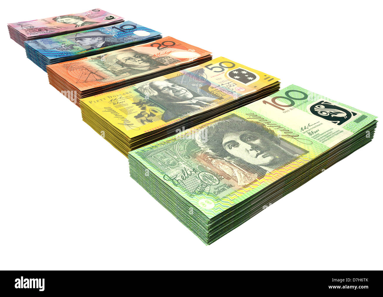 A uniform stack of bundled australian dollar notes on an isolated ...