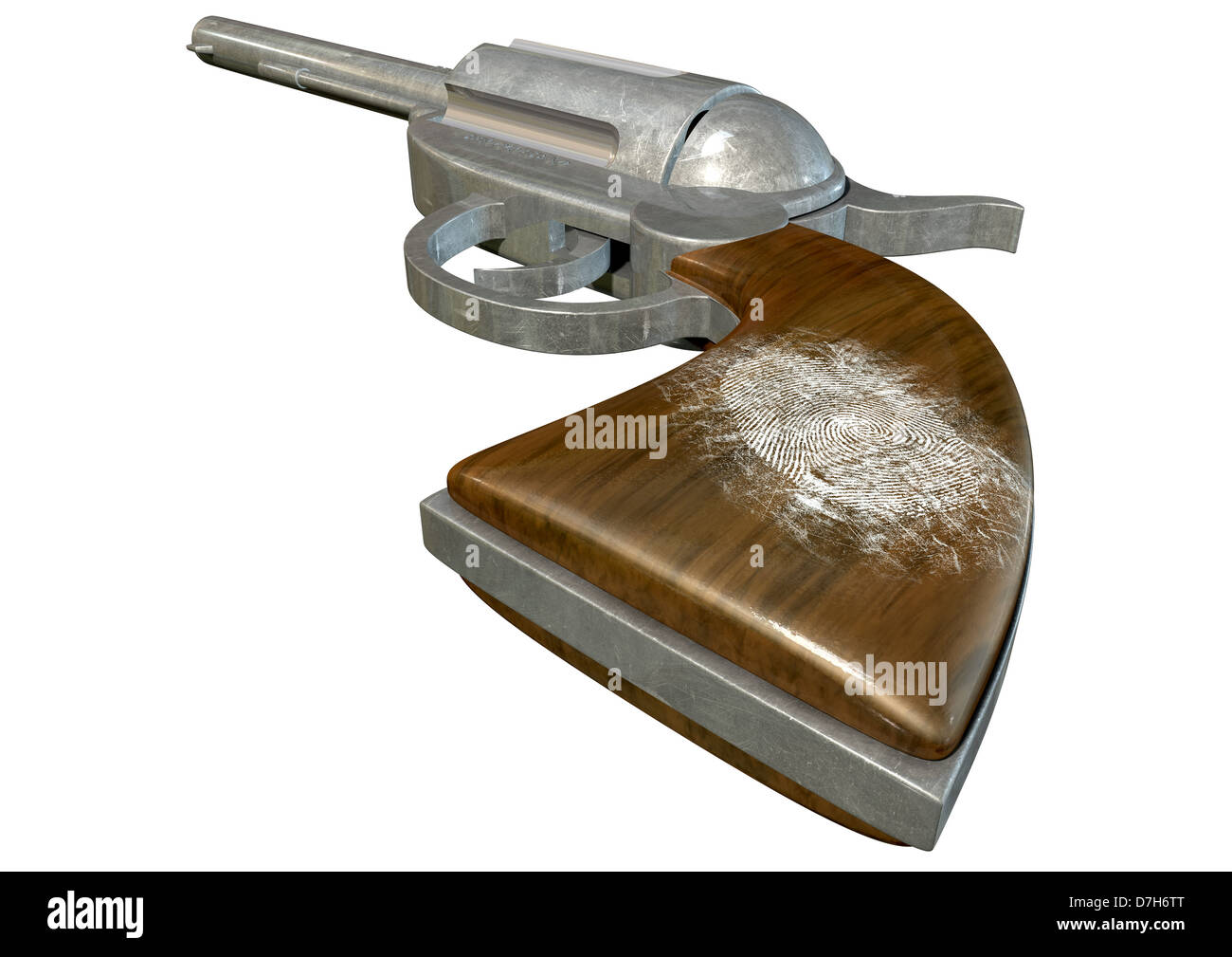A regular metal revolver with a white fingerprint on the wooden handle ...