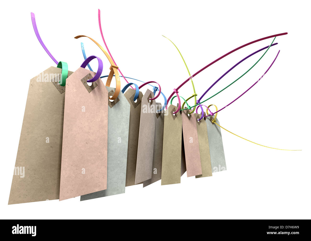 A collection of paper tags with colourful zip ties attached through ...