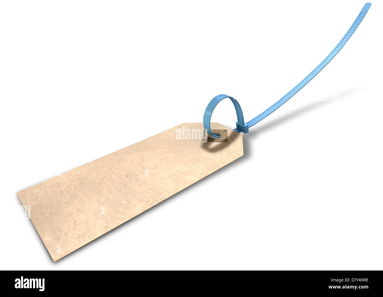 A regular beige colour paper tag with a blue zip tie attached through ...
