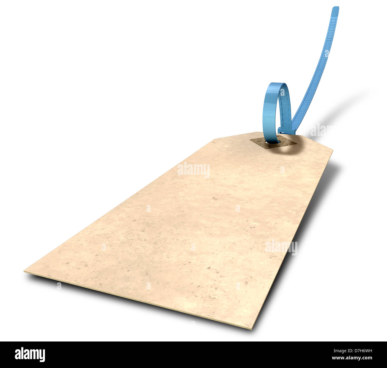 A regular beige colour paper tag with a blue zip tie attached through ...