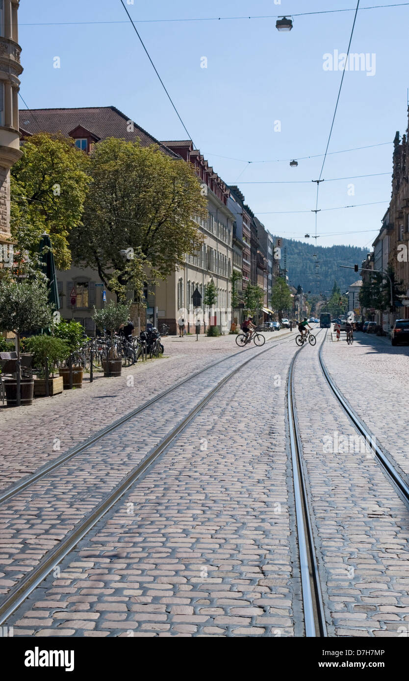 sunny illuminated street view of Freiburg im Breisgau, a city in Baden ...