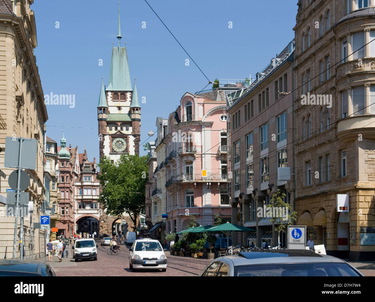 sunny illuminated city view of Freiburg im Breisgau, a city in Baden ...