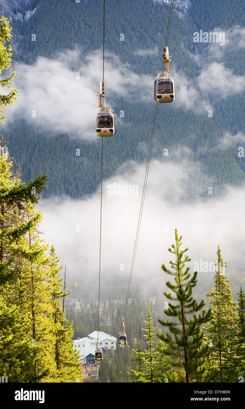 cable cars of Banff Gondola viewed from the trail halfway up Sulphur ...