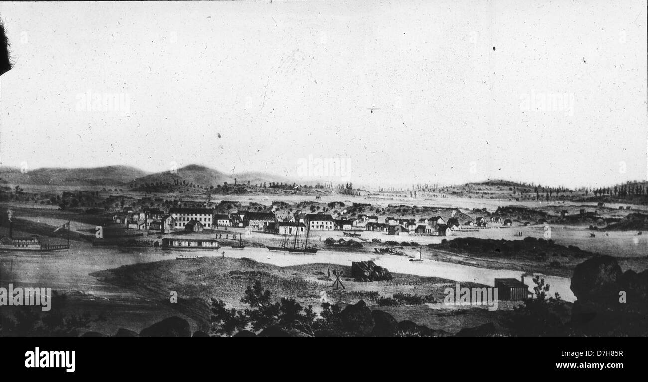 A historical image of The Dalles, Oregon, showing early settlement ...