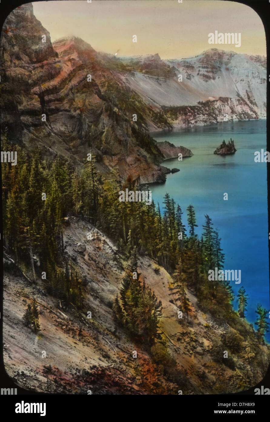 This photograph shows a western view from Kerr Notch of Crater Lake, a ...