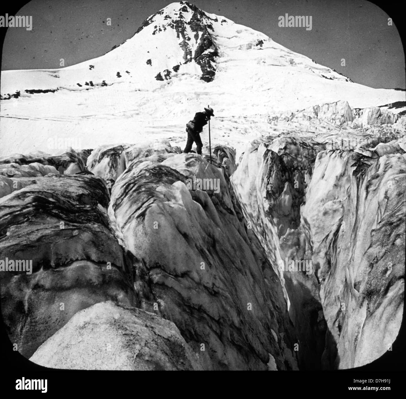 This image shows Eliot Glacier on Mount Hood, with its deep crevasses ...