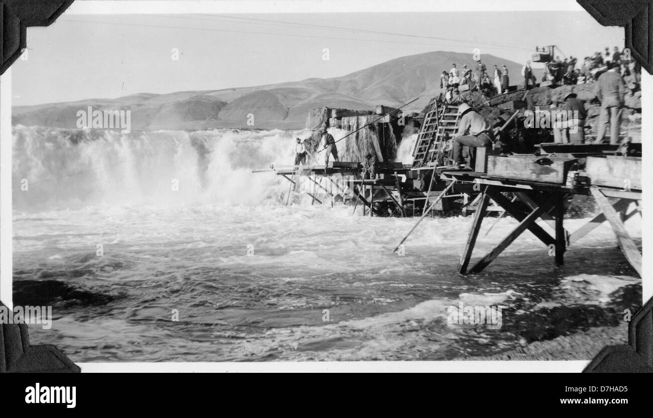 A historic image of fishing for salmon at Celilo Falls, captured as ...