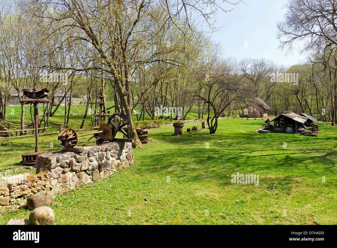 Spring time in village - rural rustic landscape near old European mill ...