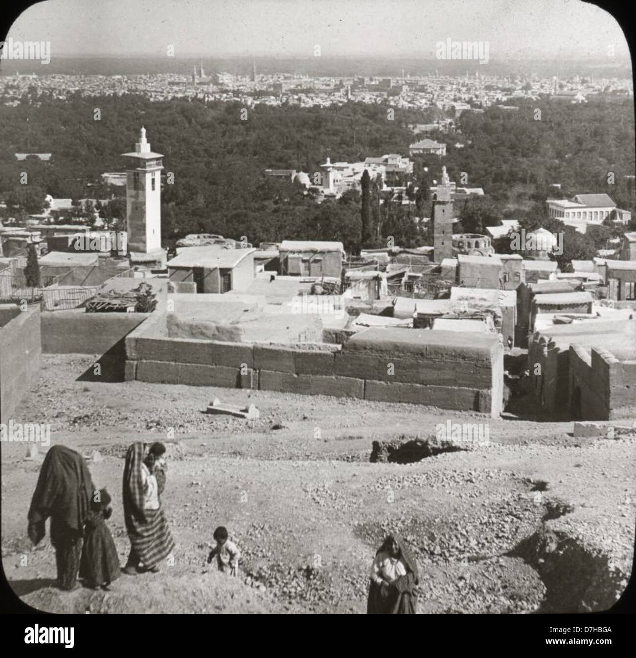 This photograph offers a distant view of Damascus, Syria, captured ...
