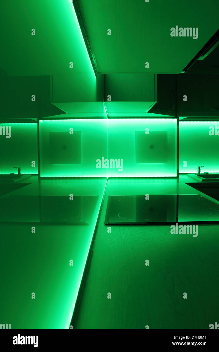 modern luxury kitchen with green led lighting Stock Photo - Alamy