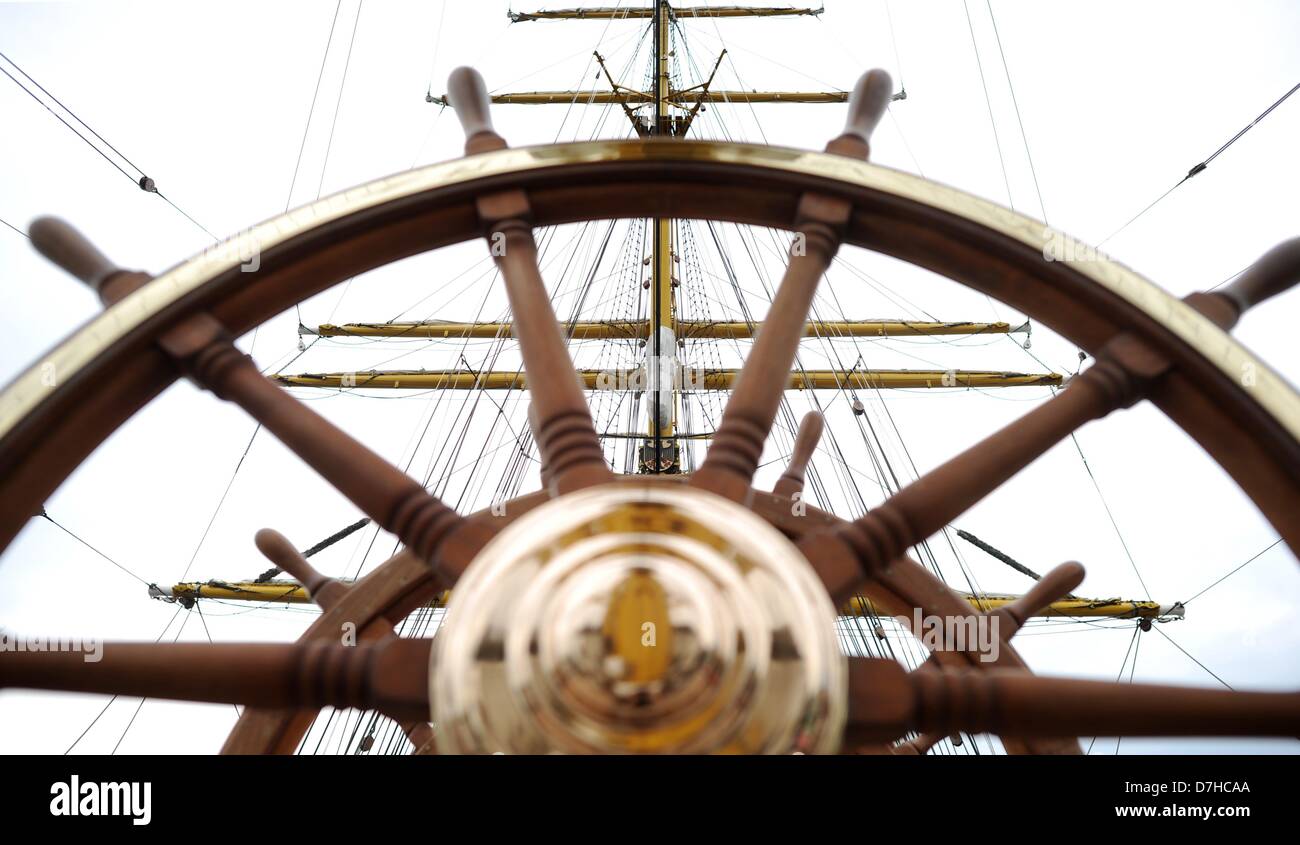 Steering wheels and parts of the masts are seen on the school ship ...