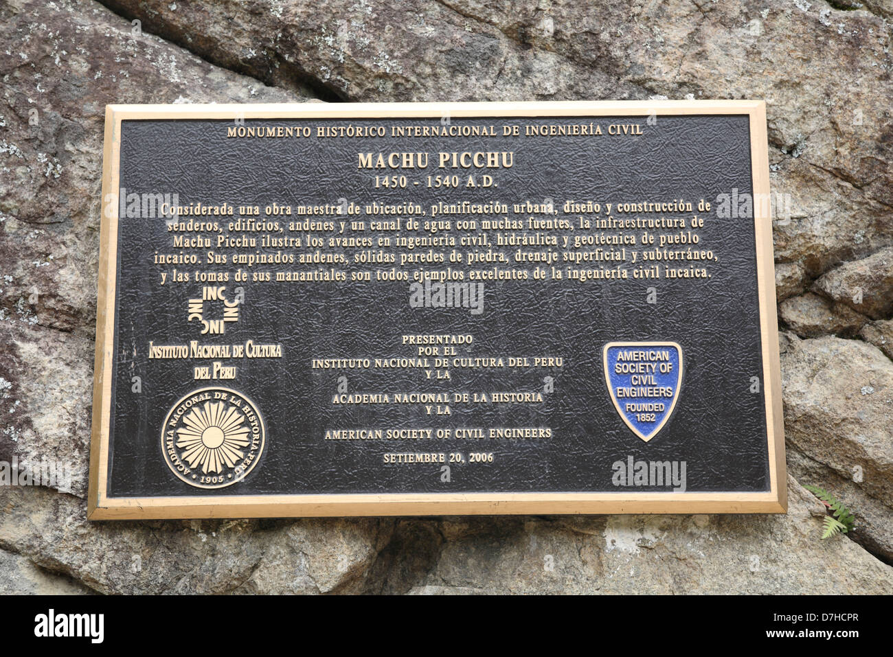 Peru Machupicchu Machu Picchu script plate sign label plaque entrance ...