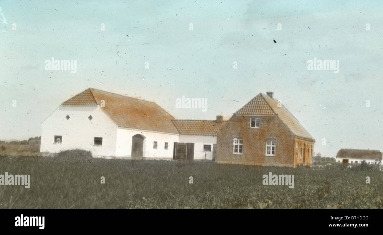 This historical photograph captures a Danish farmstead, showcasing ...