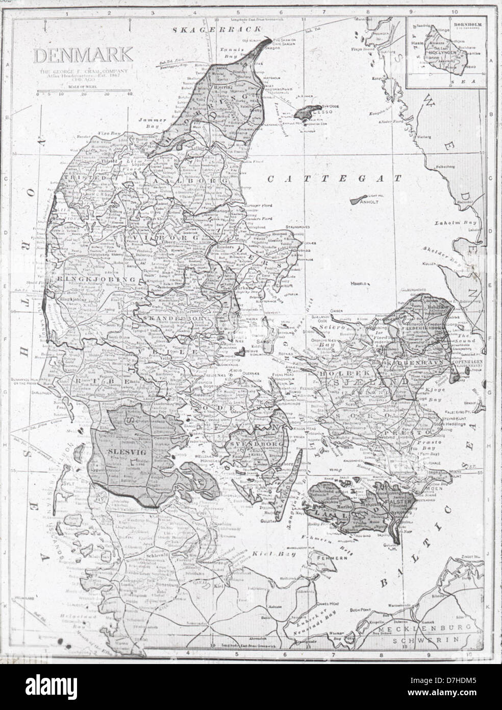 This map depicts Denmark, showcasing its geographical features and ...