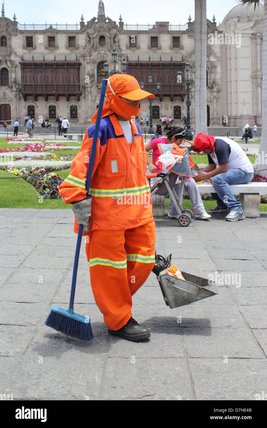 Peru Lima Plaza Mayor or Plaza de Armas street cleaner street sweeper ...