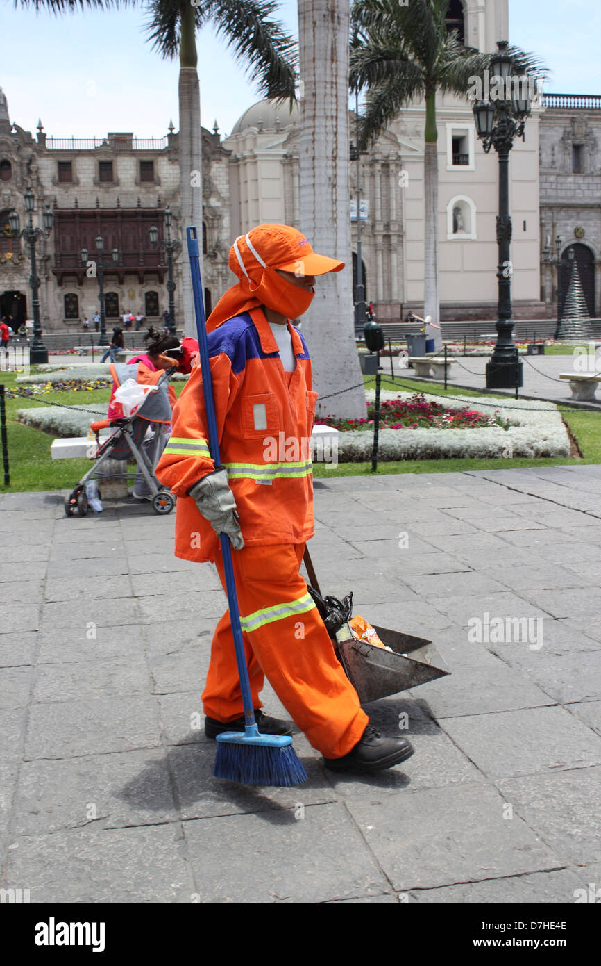 Peru Lima Plaza Mayor or Plaza de Armas street cleaner street sweeper ...