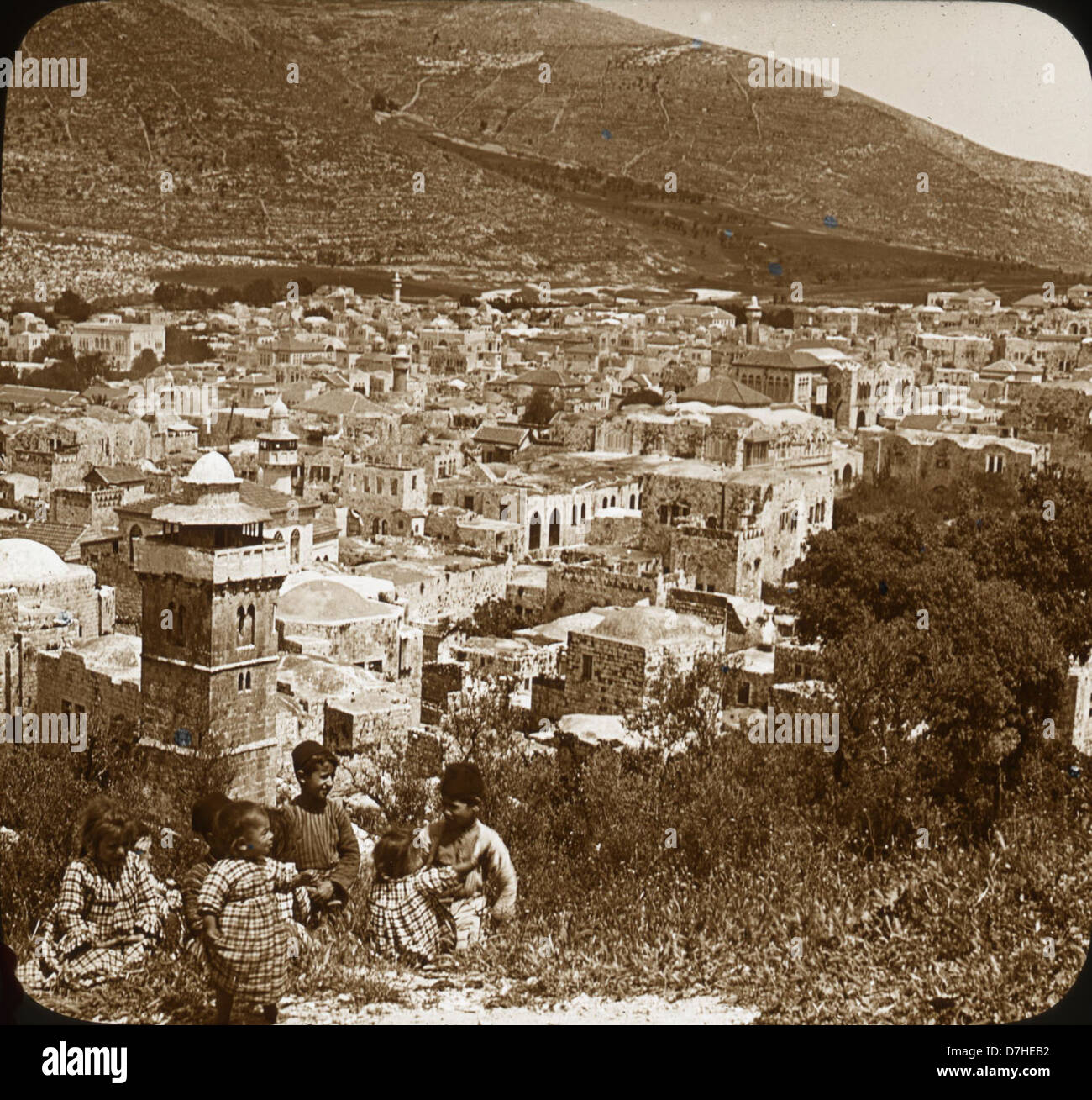 This photograph shows Mount Ebal and the ancient city of Shechem, two ...