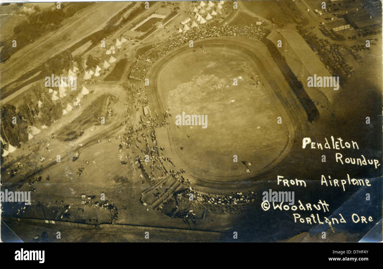 This aerial photograph captures the Pendleton Roundup, a major rodeo ...
