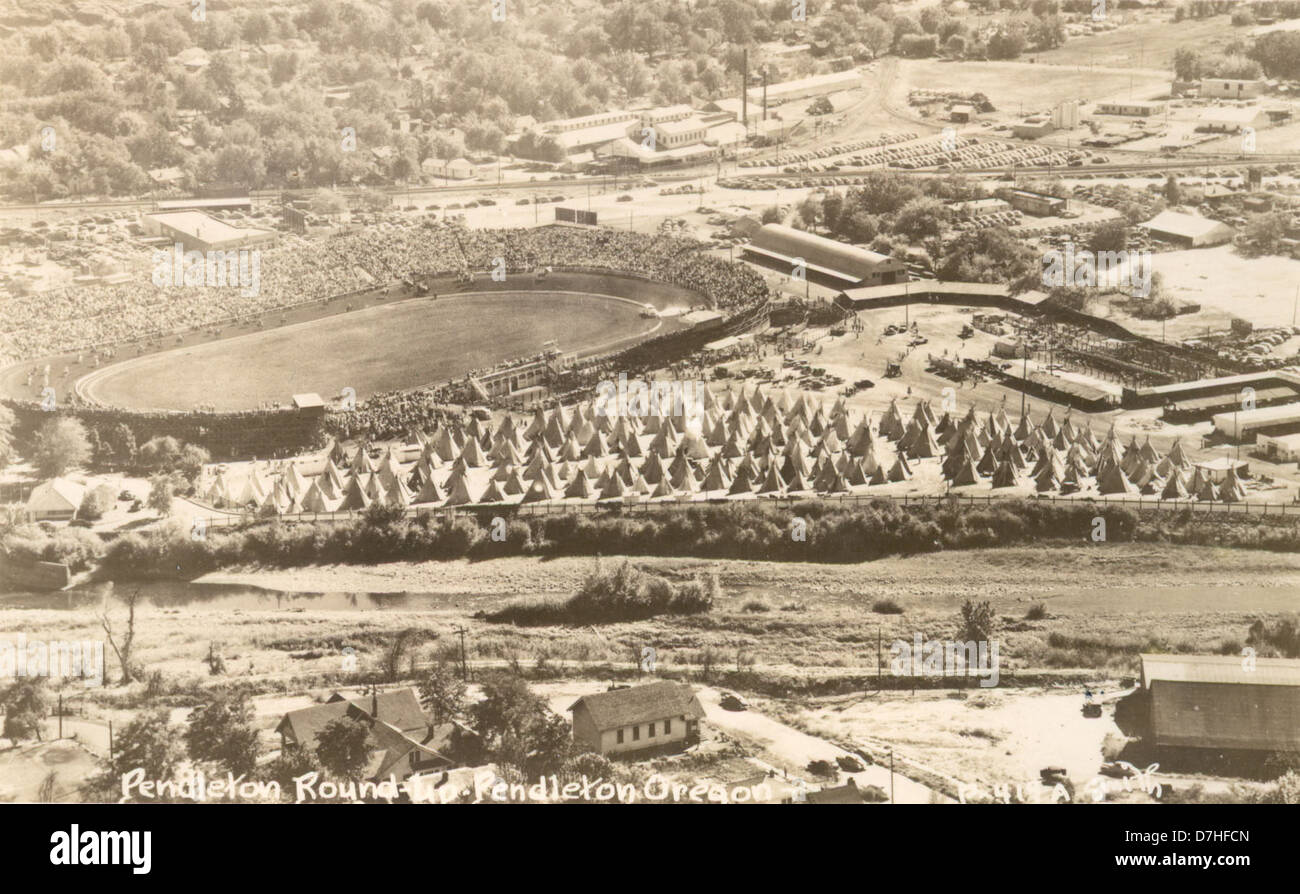 This aerial view captures the Pendleton Roundup, a major rodeo event in ...