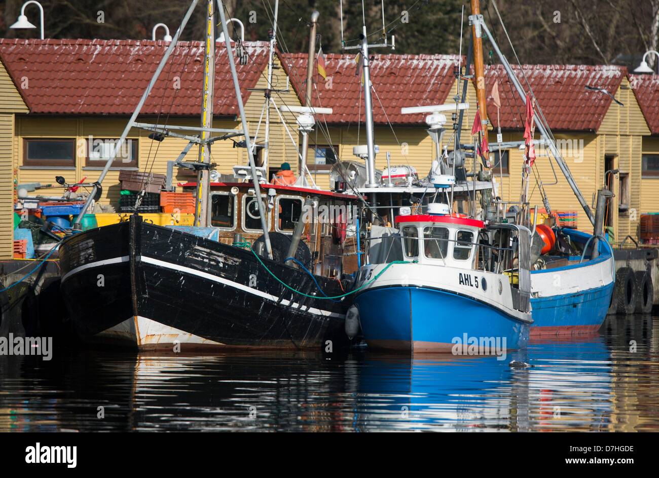 Fishing boats are pictured in the harbor of Freest at Greifswald Bodden ...
