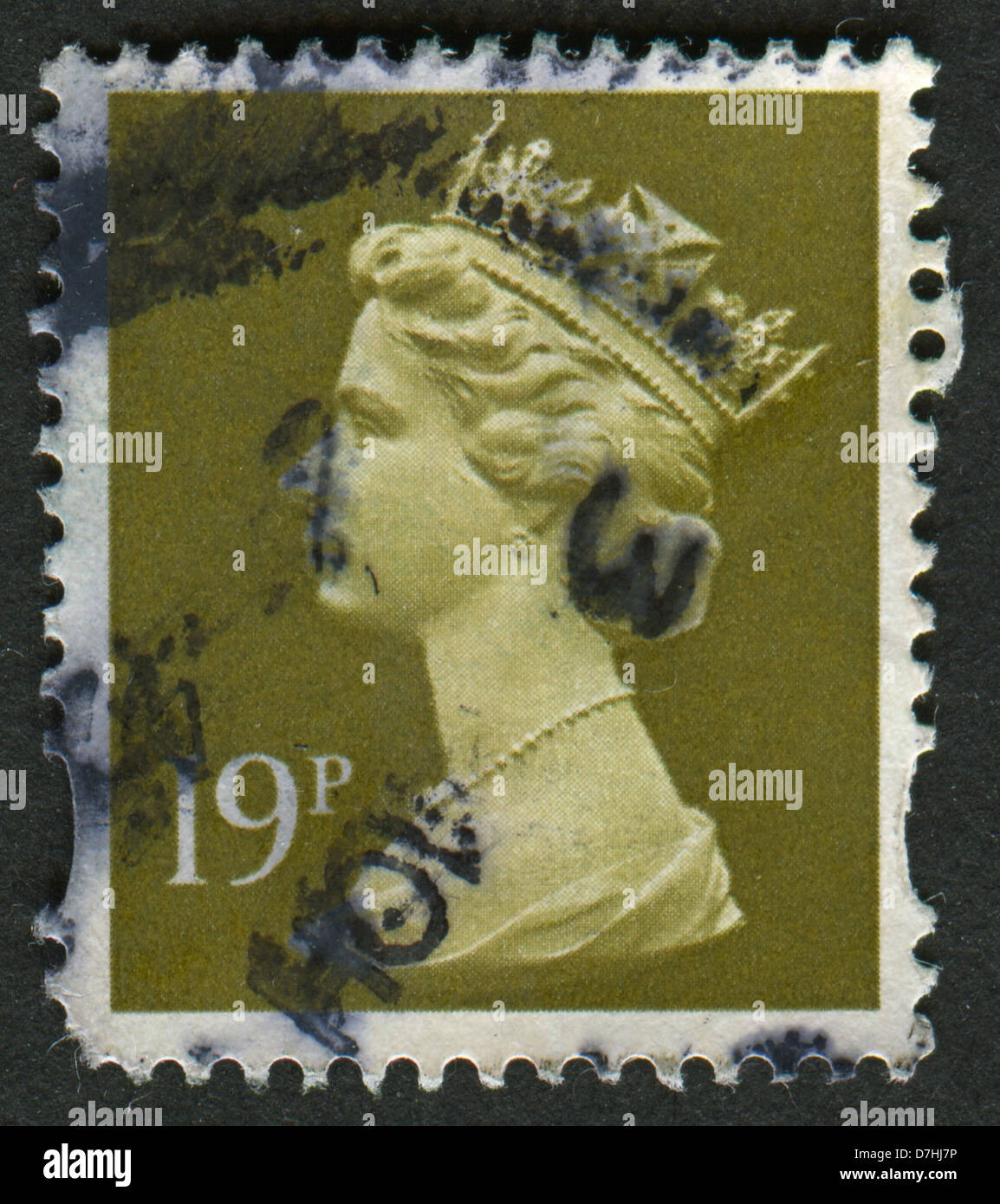 A stamp printed in UK shows image of Elizabeth II is the constitutional ...