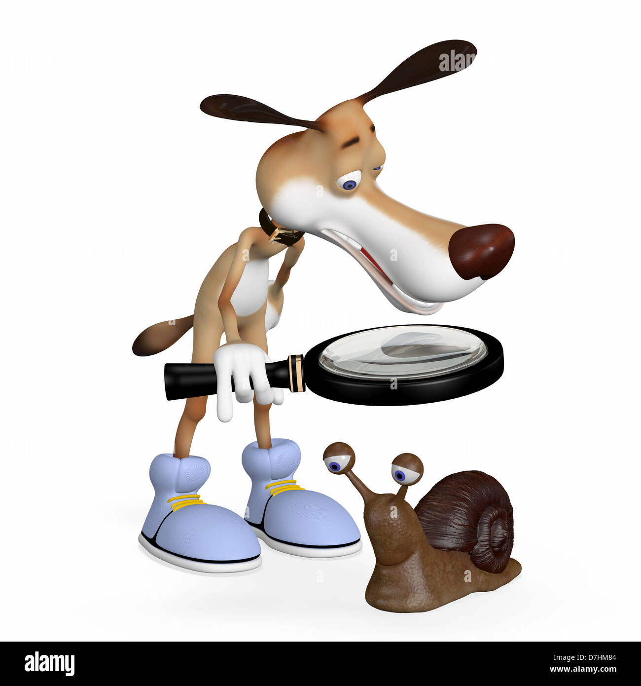 Illustration. The dog with a magnifying glass examines a snail. Render ...