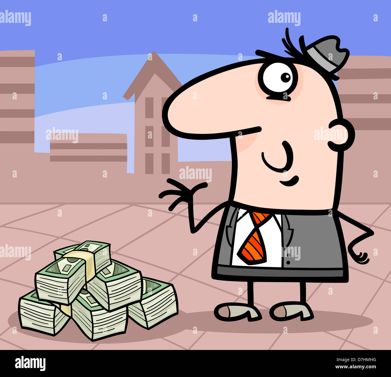 Cartoon Illustration of Man or Businessman with Heap of Money in the ...
