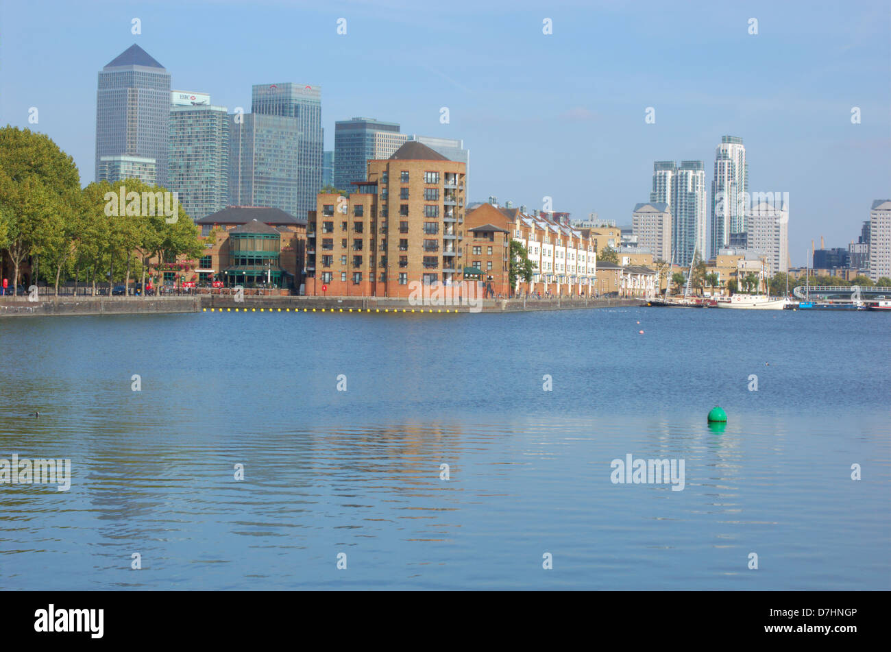 Canary Wharf skyline from Greenland Dock in London, England Stock Photo ...