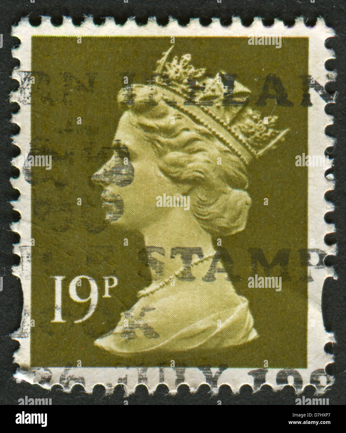 A stamp printed in UK shows image of Elizabeth II is the constitutional ...