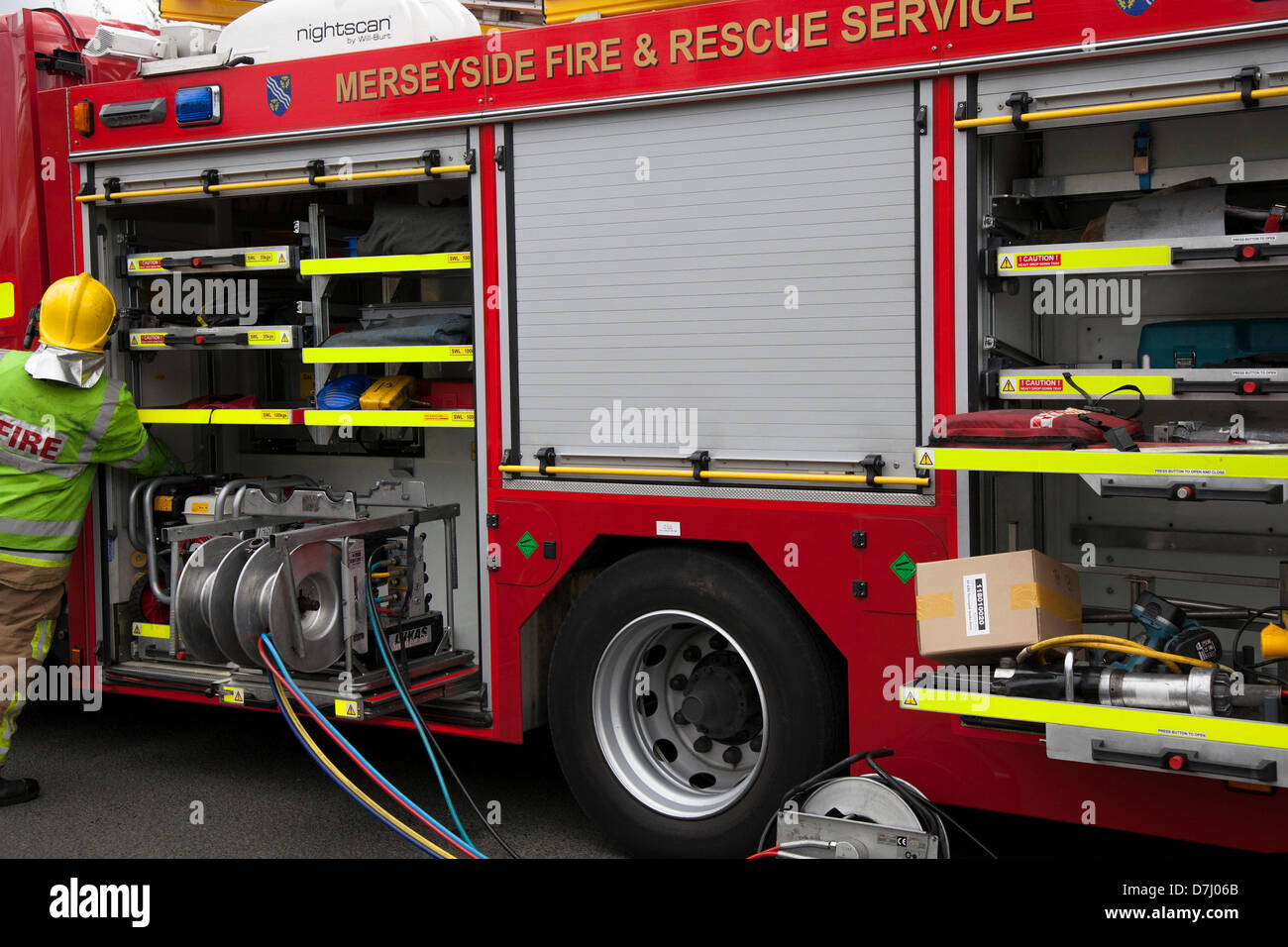 Merseyside Fire & Rescue Service, UK May, 2013. Fire engine tools ...