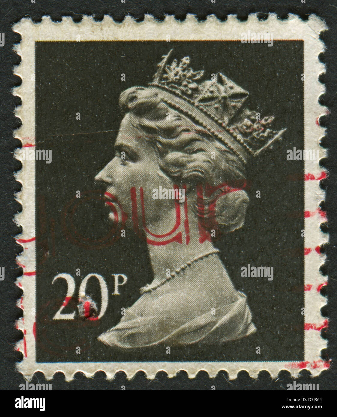 A stamp printed in UK shows image of Elizabeth II is the constitutional ...